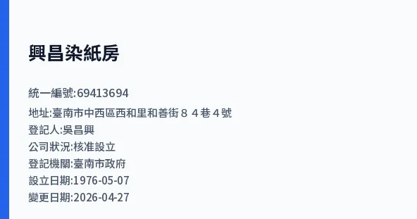 興昌染紙房的照片-統編 69413694(臺南市) 公司登記資料與營業項目詳細圖表