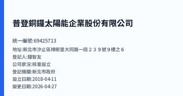 普登銅鑼太陽能企業股份有限公司的照片-統編 69425713(新北市) 公司登記資料與營業項目詳細圖表