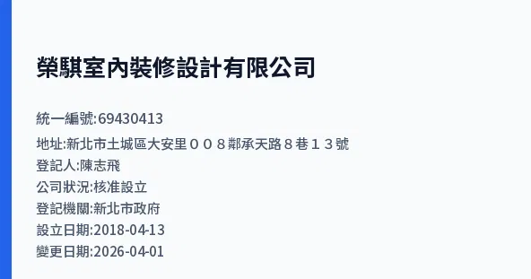 榮騏室內裝修設計有限公司的照片-統編 69430413(新北市) 公司登記資料與營業項目詳細圖表