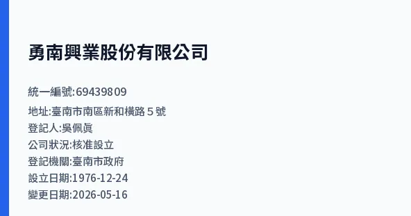 勇南興業股份有限公司的照片-統編 69439809(臺南市) 公司登記資料與營業項目詳細圖表