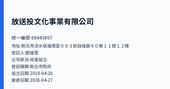 放送投文化事業有限公司的照片-統編 69443867(新北市) 公司登記資料與營業項目詳細圖表