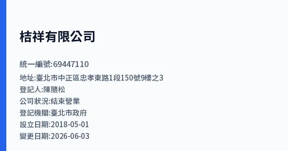 桔祥有限公司的照片-統編 69447110(臺北市) 公司登記資料與營業項目詳細圖表