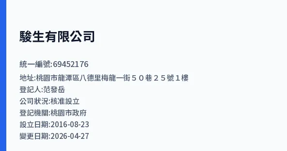 駿生有限公司的照片-統編 69452176(桃園市) 公司登記資料與營業項目詳細圖表