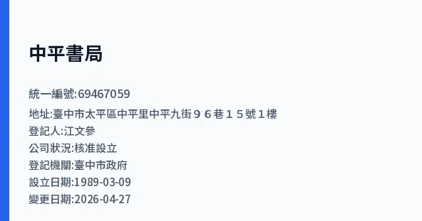 中平書局的照片-統編 69467059(臺中市) 公司登記資料與營業項目詳細圖表