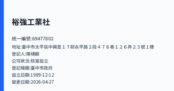 裕強工業社的照片-統編 69477802(臺中市) 公司登記資料與營業項目詳細圖表