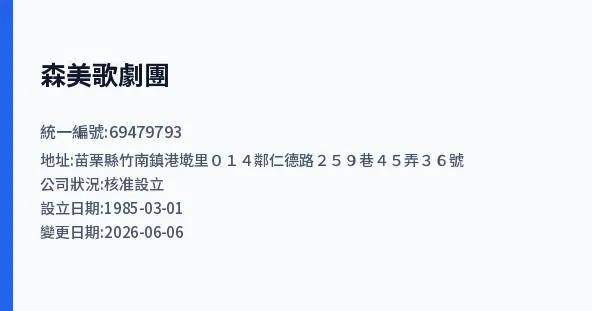 森美歌劇團的照片-統編 69479793(苗栗縣) 公司登記資料與營業項目詳細圖表