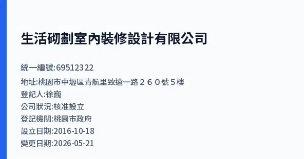 生活砌劃室內裝修設計有限公司的照片-統編 69512322(桃園市) 公司登記資料與營業項目詳細圖表