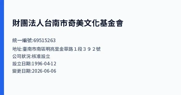 財團法人台南市奇美文化基金會的照片-統編 69515263(臺南市) 公司登記資料與營業項目詳細圖表