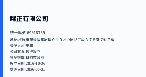 曜正有限公司的照片-統編 69518389(桃園市) 公司登記資料與營業項目詳細圖表