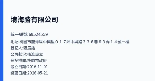 堉海勝有限公司的照片-統編 69524559(桃園市) 公司登記資料與營業項目詳細圖表