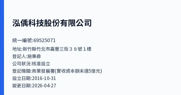 泓偊科技股份有限公司的照片-統編 69525071(新竹縣) 公司登記資料與營業項目詳細圖表
