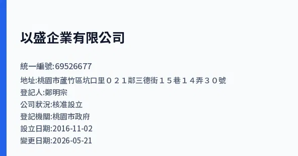 以盛企業有限公司的照片-統編 69526677(桃園市) 公司登記資料與營業項目詳細圖表