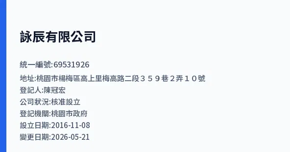 詠辰有限公司的照片-統編 69531926(桃園市) 公司登記資料與營業項目詳細圖表