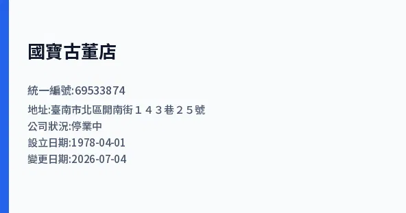 國寶古董店的照片-統編 69533874(臺南市) 公司登記資料與營業項目詳細圖表