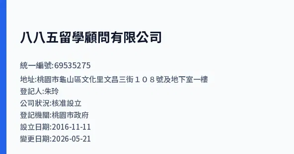 八八五留學顧問有限公司的照片-統編 69535275(桃園市) 公司登記資料與營業項目詳細圖表