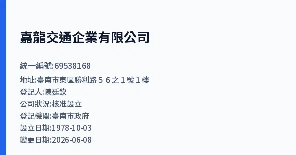 嘉龍交通企業有限公司的照片-統編 69538168(臺南市) 公司登記資料與營業項目詳細圖表