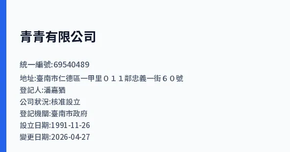 青青有限公司的照片-統編 69540489(臺南市) 公司登記資料與營業項目詳細圖表