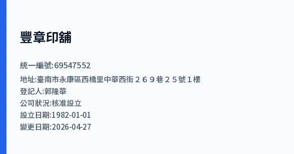 豐章印舖的照片-統編 69547552(臺南市) 公司登記資料與營業項目詳細圖表