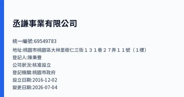 丞謙事業有限公司的照片-統編 69549783(桃園市) 公司登記資料與營業項目詳細圖表