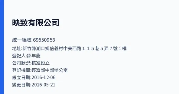映致有限公司的照片-統編 69550958(新竹縣) 公司登記資料與營業項目詳細圖表