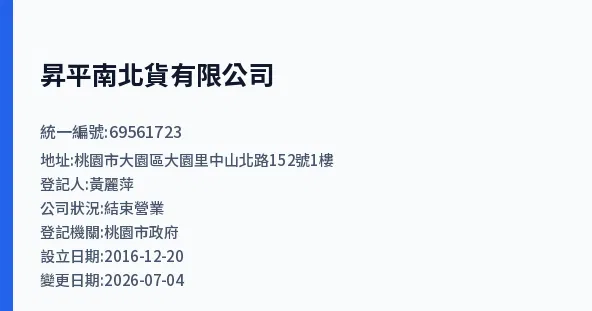 昇平南北貨有限公司的照片-統編 69561723(桃園市) 公司登記資料與營業項目詳細圖表