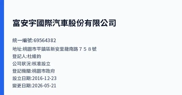 富安宇國際汽車股份有限公司的照片-統編 69564382(桃園市) 公司登記資料與營業項目詳細圖表