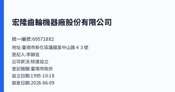 宏隆齒輪機器廠股份有限公司的照片-統編 69571882(臺南市) 公司登記資料與營業項目詳細圖表