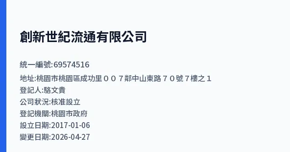 創新世紀流通有限公司的照片-統編 69574516(桃園市) 公司登記資料與營業項目詳細圖表