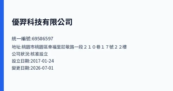 優羿科技有限公司的照片-統編 69586597 公司登記資料與營業項目詳細圖表