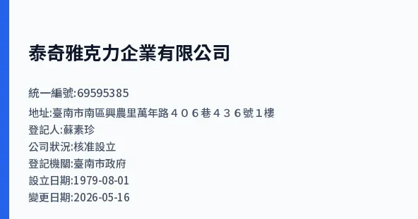 泰奇雅克力企業有限公司的照片-統編 69595385(臺南市) 公司登記資料與營業項目詳細圖表