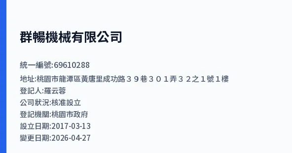 群暢機械有限公司的照片-統編 69610288(桃園市) 公司登記資料與營業項目詳細圖表