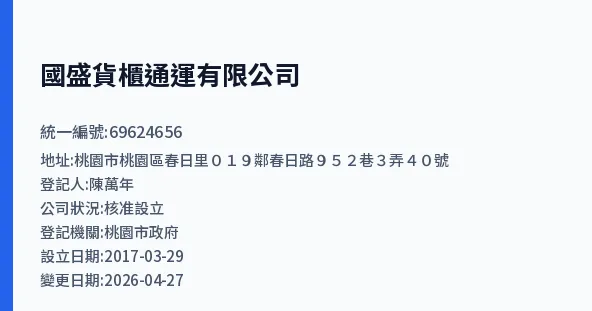國盛貨櫃通運有限公司的照片-統編 69624656(桃園市) 公司登記資料與營業項目詳細圖表
