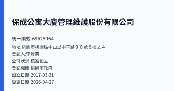 保成公寓大廈管理維護股份有限公司的照片-統編 69625064(桃園市) 公司登記資料與營業項目詳細圖表