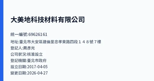 大美地科技材料有限公司的照片-統編 69626161(臺北市) 公司登記資料與營業項目詳細圖表