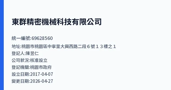 東群精密機械科技有限公司的照片-統編 69628560(桃園市) 公司登記資料與營業項目詳細圖表