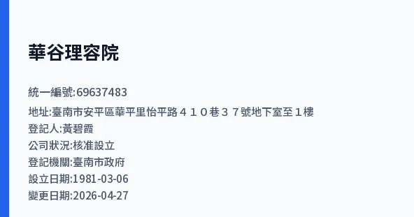 華谷理容院的照片-統編 69637483(臺南市) 公司登記資料與營業項目詳細圖表