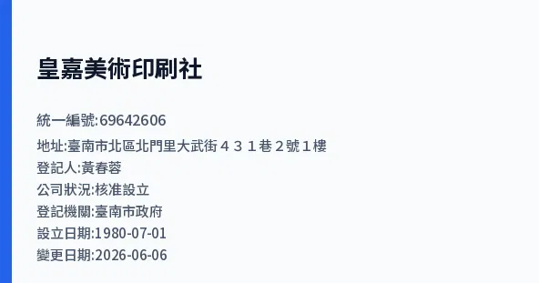 皇嘉美術印刷社的照片-統編 69642606(臺南市) 公司登記資料與營業項目詳細圖表