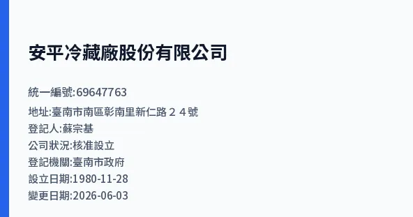 安平冷藏廠股份有限公司的照片-統編 69647763(臺南市) 公司登記資料與營業項目詳細圖表