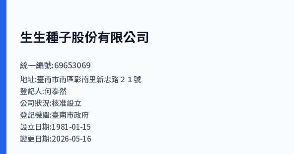 生生種子股份有限公司的照片-統編 69653069(臺南市) 公司登記資料與營業項目詳細圖表