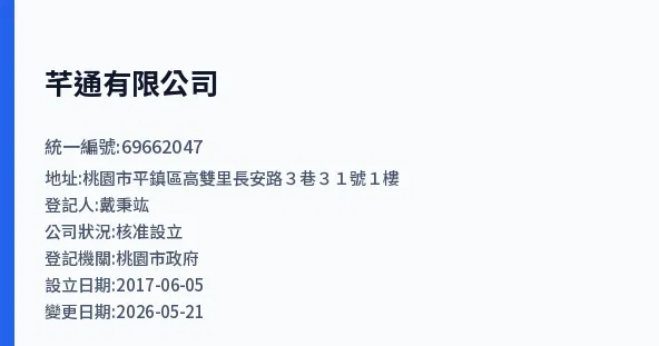 芊通有限公司的照片-統編 69662047(桃園市) 公司登記資料與營業項目詳細圖表