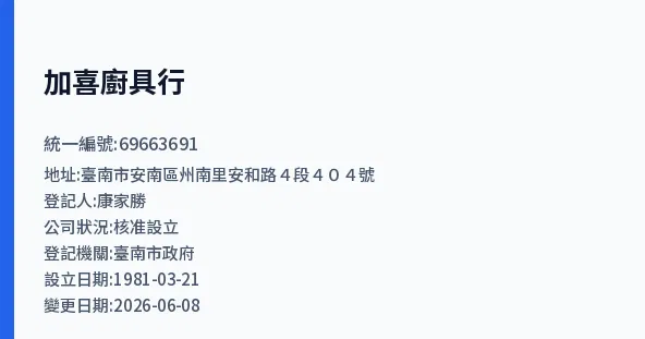 加喜廚具行的照片-統編 69663691(臺南市) 公司登記資料與營業項目詳細圖表