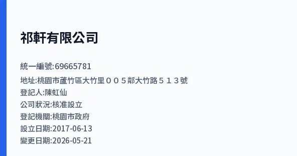 祁軒有限公司的照片-統編 69665781(桃園市) 公司登記資料與營業項目詳細圖表