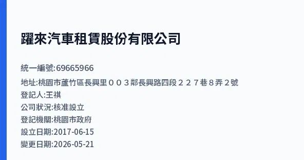 躍來汽車租賃股份有限公司的照片-統編 69665966(桃園市) 公司登記資料與營業項目詳細圖表