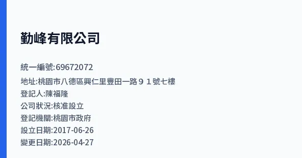 勤峰有限公司的照片-統編 69672072(桃園市) 公司登記資料與營業項目詳細圖表