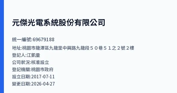 元傑光電系統股份有限公司的照片-統編 69679188(桃園市) 公司登記資料與營業項目詳細圖表