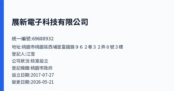 展新電子科技有限公司的照片-統編 69688932(桃園市) 公司登記資料與營業項目詳細圖表