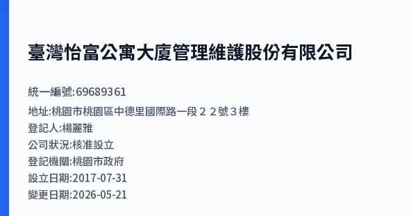 臺灣怡富公寓大廈管理維護股份有限公司的照片-統編 69689361(桃園市) 公司登記資料與營業項目詳細圖表