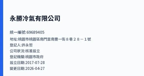 永勝冷氣有限公司的照片-統編 69689405(桃園市) 公司登記資料與營業項目詳細圖表