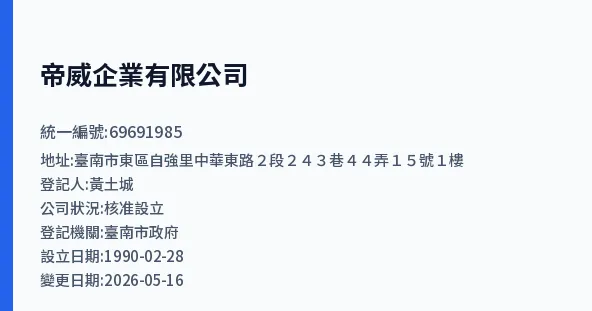 帝威企業有限公司的照片-統編 69691985(臺南市) 公司登記資料與營業項目詳細圖表