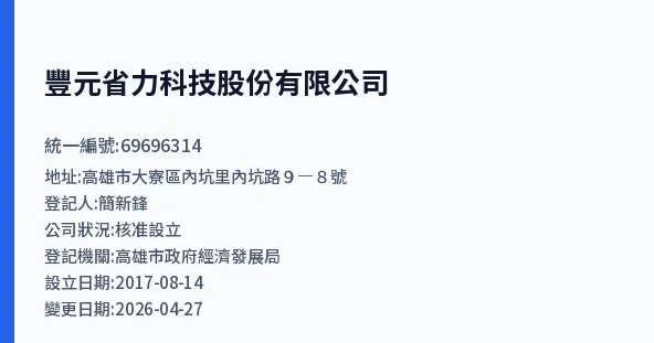 豐元省力科技股份有限公司的照片-統編 69696314(高雄市) 公司登記資料與營業項目詳細圖表